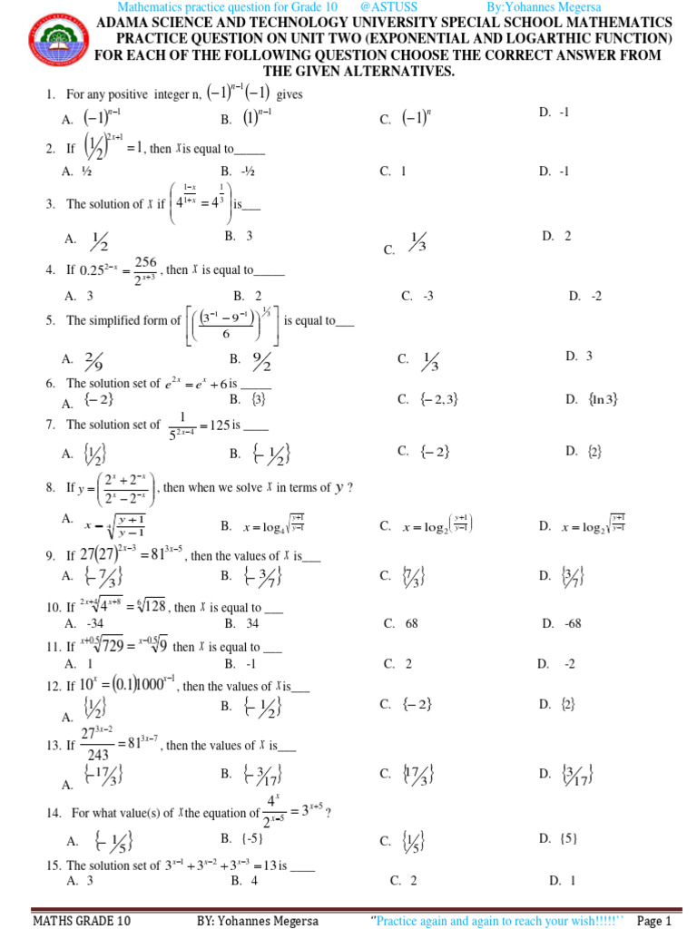 Grade 10 Maths Unit 2 Practice Questions | PDF | Logarithm ...