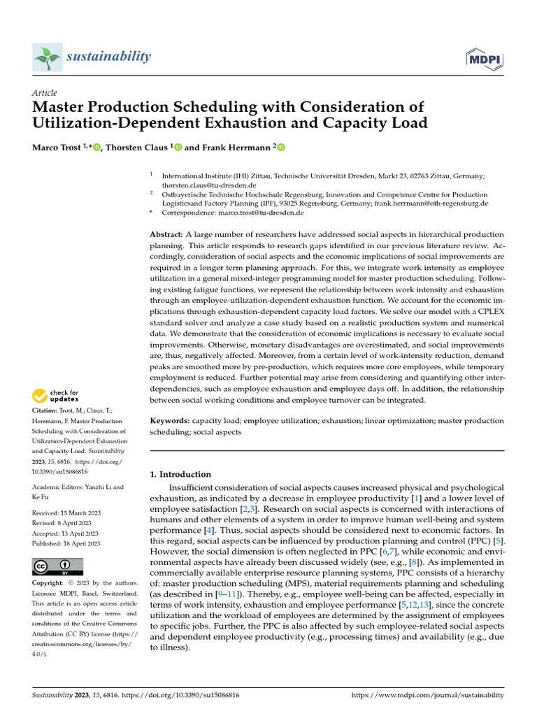 Master Production Scheduling With Consideration Of Pdf Employment Mathematical Optimization