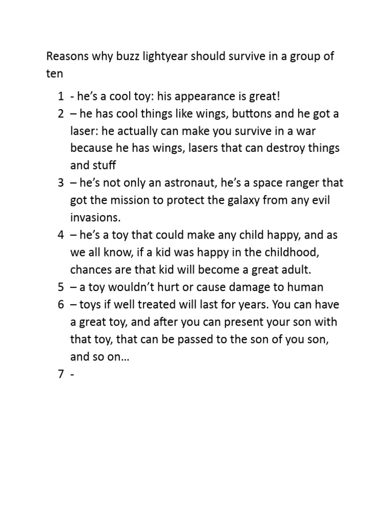 Reasons Why Buzz Lightyear Should Survive in A Group of Ten | PDF ...