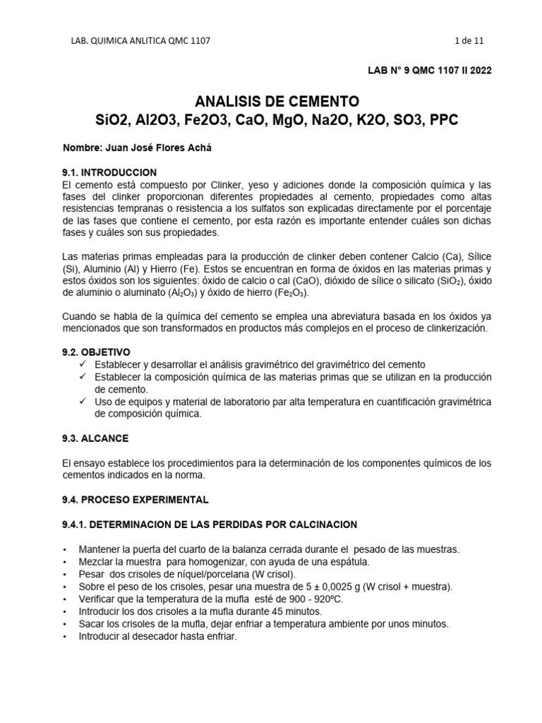 Lab N 9 Analisis QMC Cemento QMC 1107 | PDF | Cemento | Valoración
