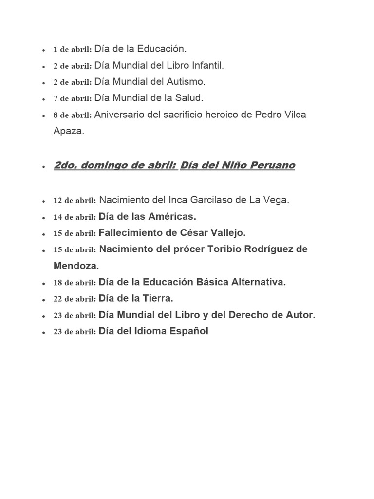 Fecha Civica Dia Del Niño Peruano - Abril | PDF