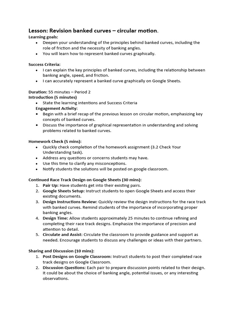 Lesson Plan - Banked Curves Revision | PDF | Lesson Plan | Learning
