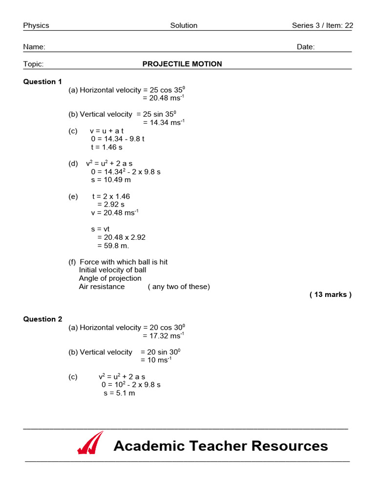 Projectile Motion Physics Solutions | PDF | Physical Quantities ...