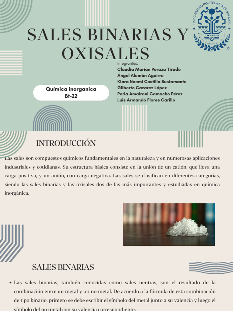 Sales Binarias y Oxisales | PDF | Sal (química) | Enlace iónico