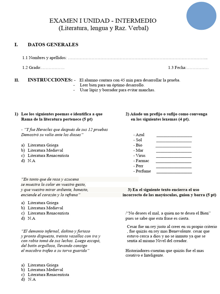 EXAMEN I UNIDAD Intermedio | PDF