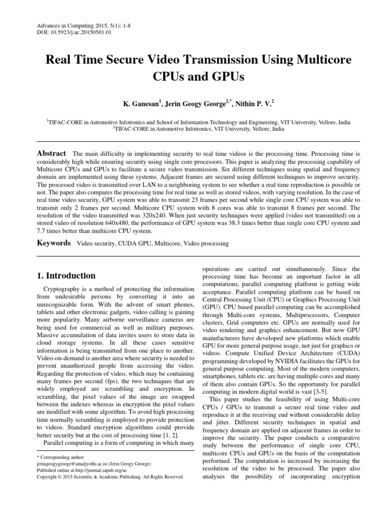 Real Time Secure Video Transmission Using Multicore CPUs and GPUs | PDF | Graphics Processing ...