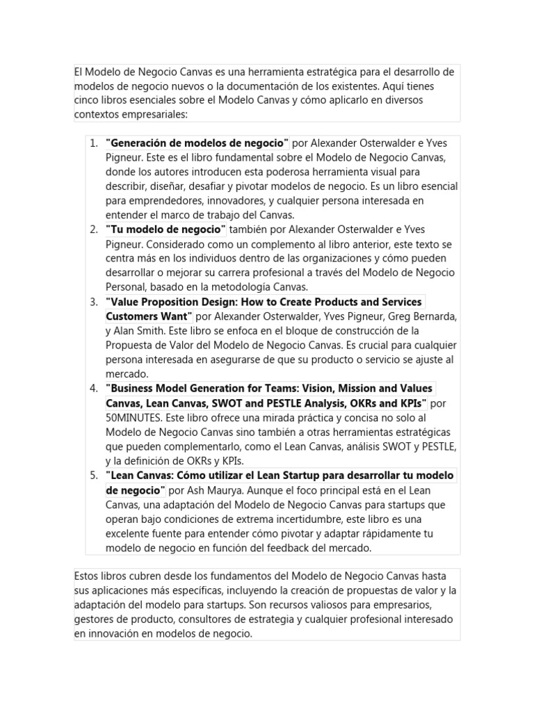 Libros Sobre Canvas | PDF | Modelo de negocio | Empresa de inicio