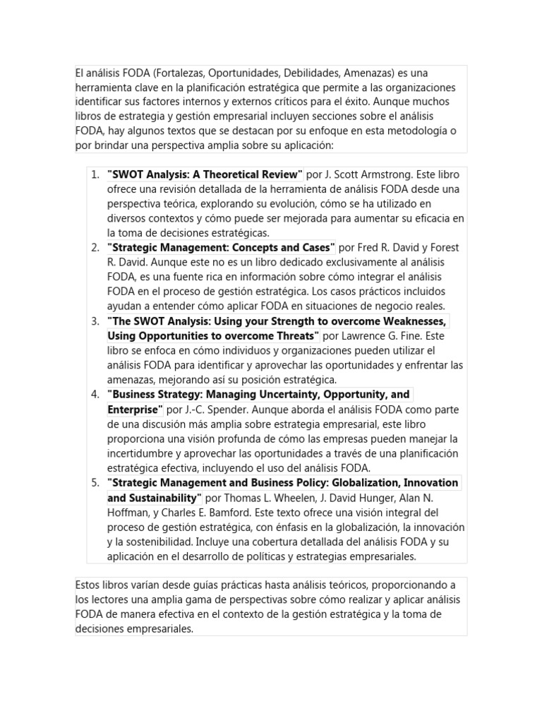Libros Sobre Foda | PDF | Análisis FODA | Ciencia cognitiva