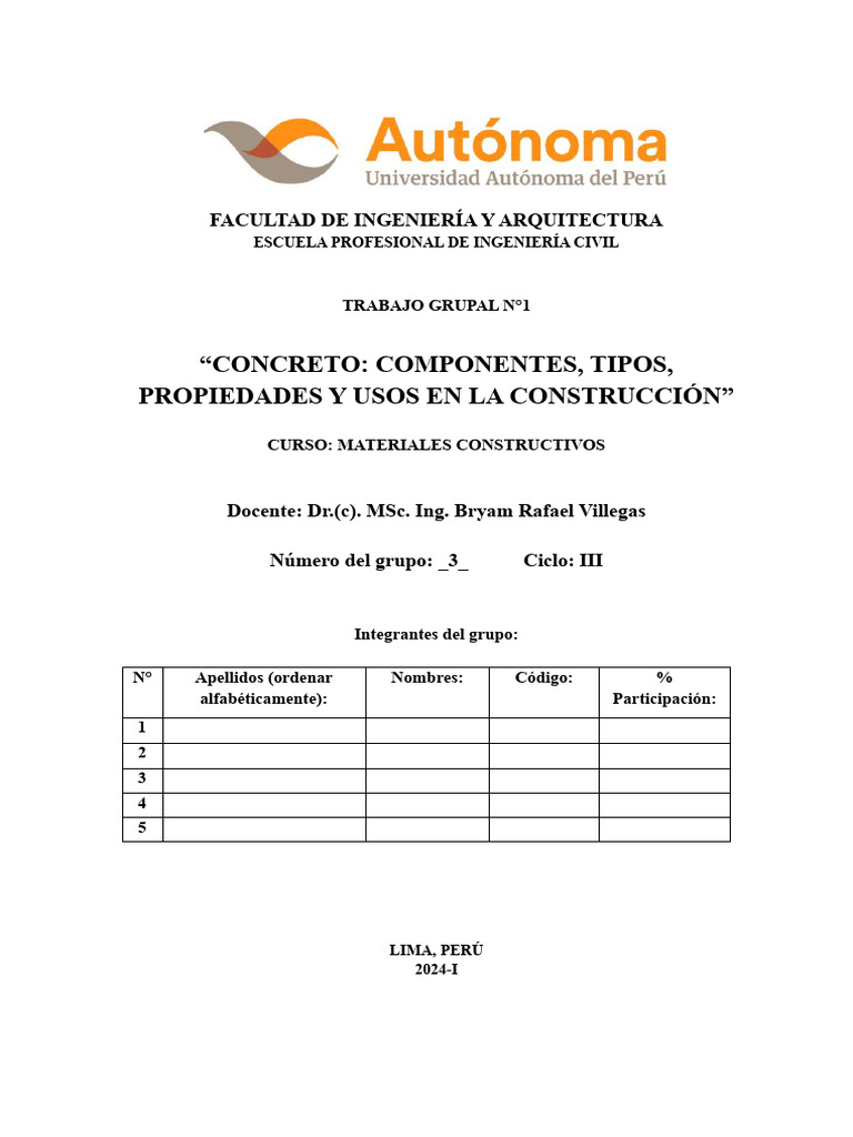 Modelo Informe - Trabajo Grupal N°1 (Materiales Constructivos - UA) - Concreto | Descargar ...