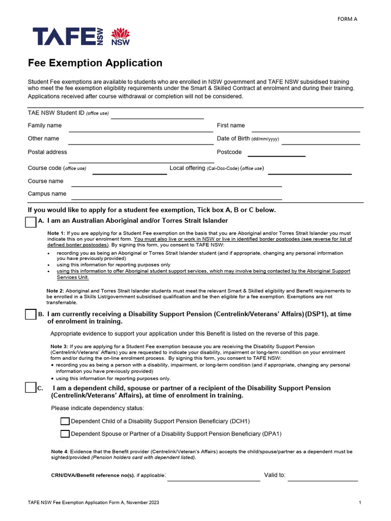 Fee Exemption Application Form A | PDF | Apprenticeship | New South Wales