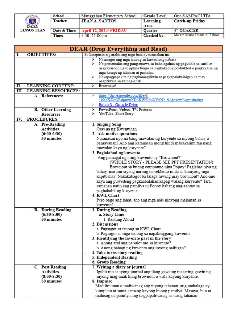 Lesson Plan Catch Up Friday | PDF
