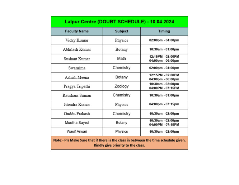 Lalpur Centre Doubt Schedule 2024 | PDF