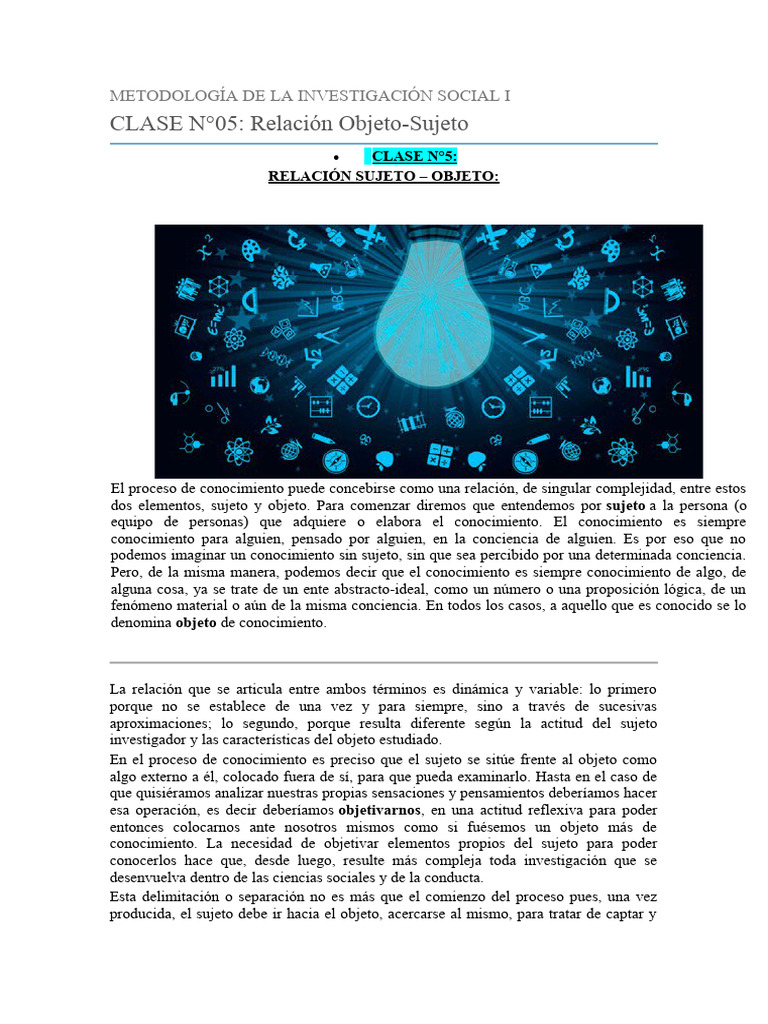 Clase 5. Relacion Sujeto Objeto | PDF | Conocimiento | Verdad