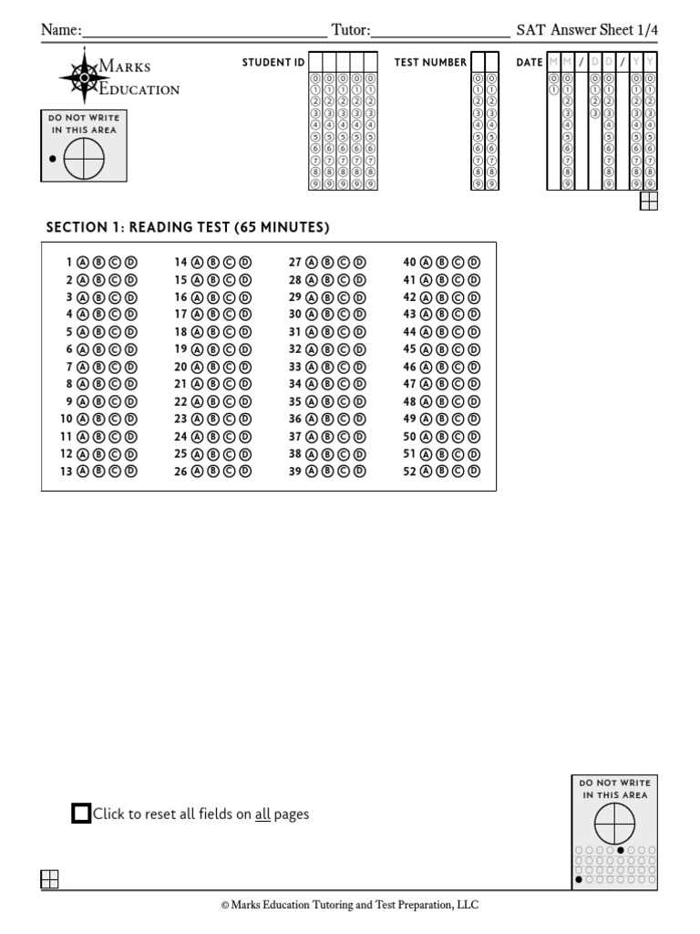 Fillable Sat Answer Sheet Pdf The United States Data Collection