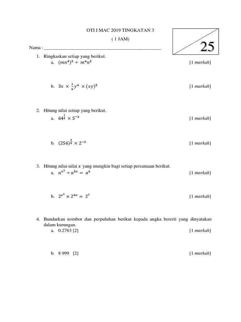 Ujian Awal Tahun Mac Matematik Form 3 | PDF