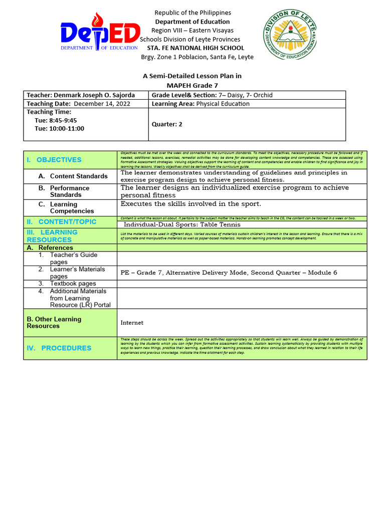 Pe Table Tennis 7 Lesson Plan Q2W6 | PDF | Learning | Educational ...