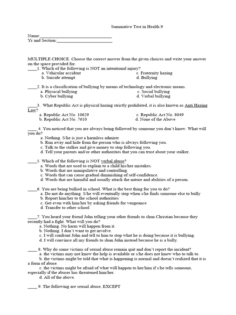 Summative Test in Health 9 Intentional Injuries | PDF | Bullying ...