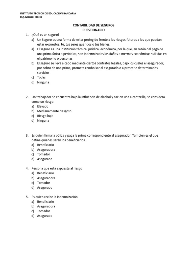 Cuestionario 1 | PDF | Seguro | Reaseguro