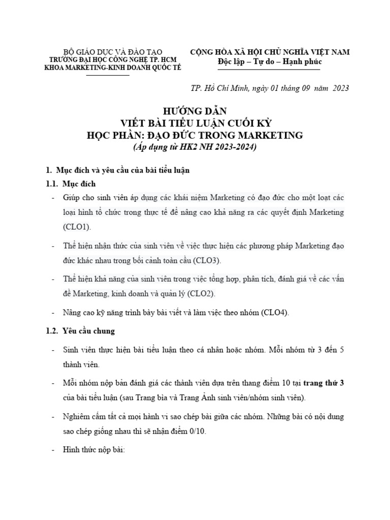 Huong Dan Viet Bai Tieu Luan Cuoi Ky HP MAR153 - HK2A - 2324 | PDF