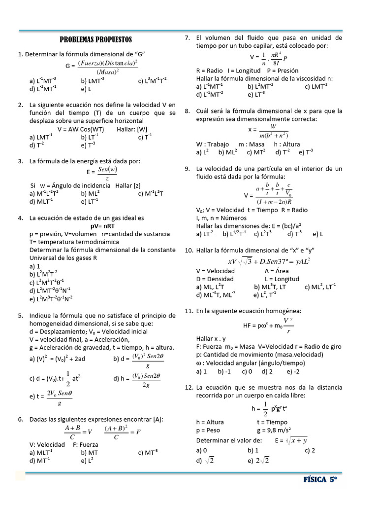 Problemas Propuestos de Análisis Dimensional | PDF | Velocidad | Gases
