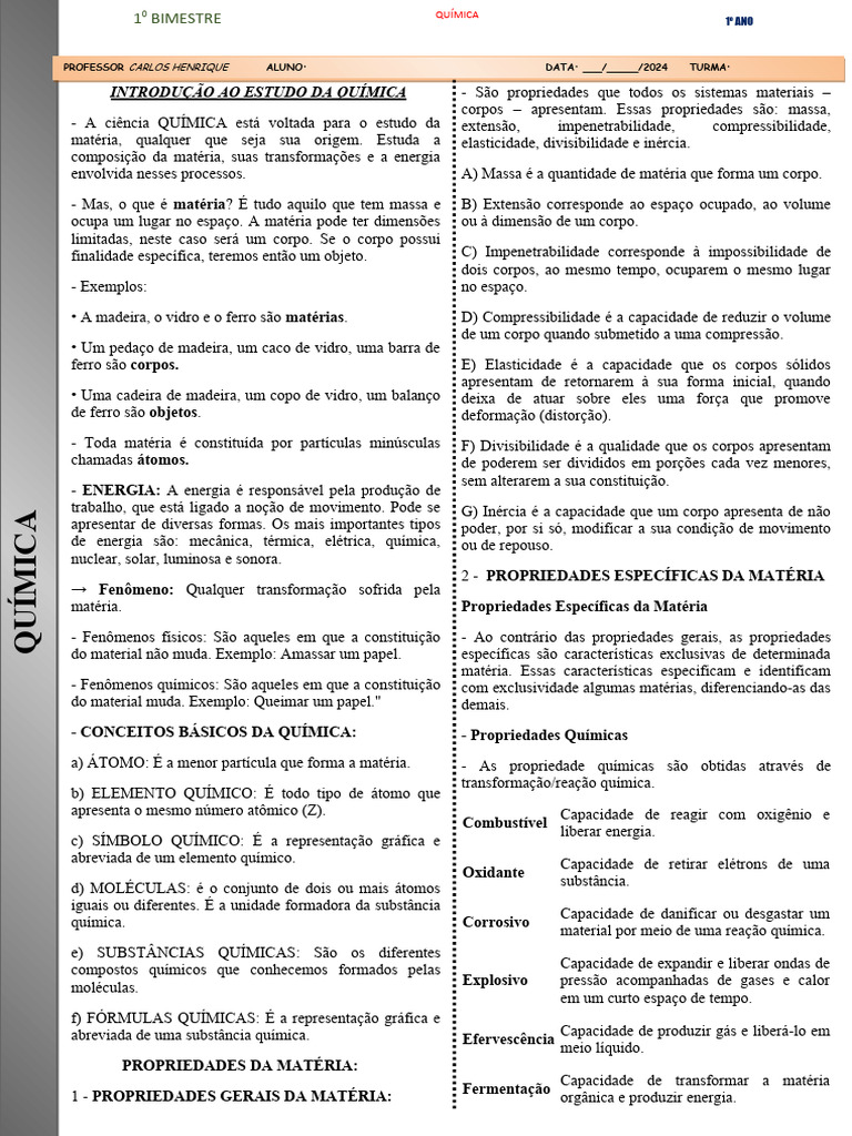 Aula Primeiro Ano Introducao Ao Estudo Da Quimica Pdf Química Matéria