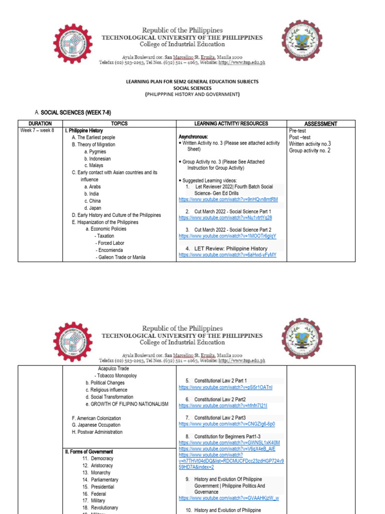 WEEK 7-8 LEARNING PLAN_SOCIAL SCIENCE | PDF | Philippines
