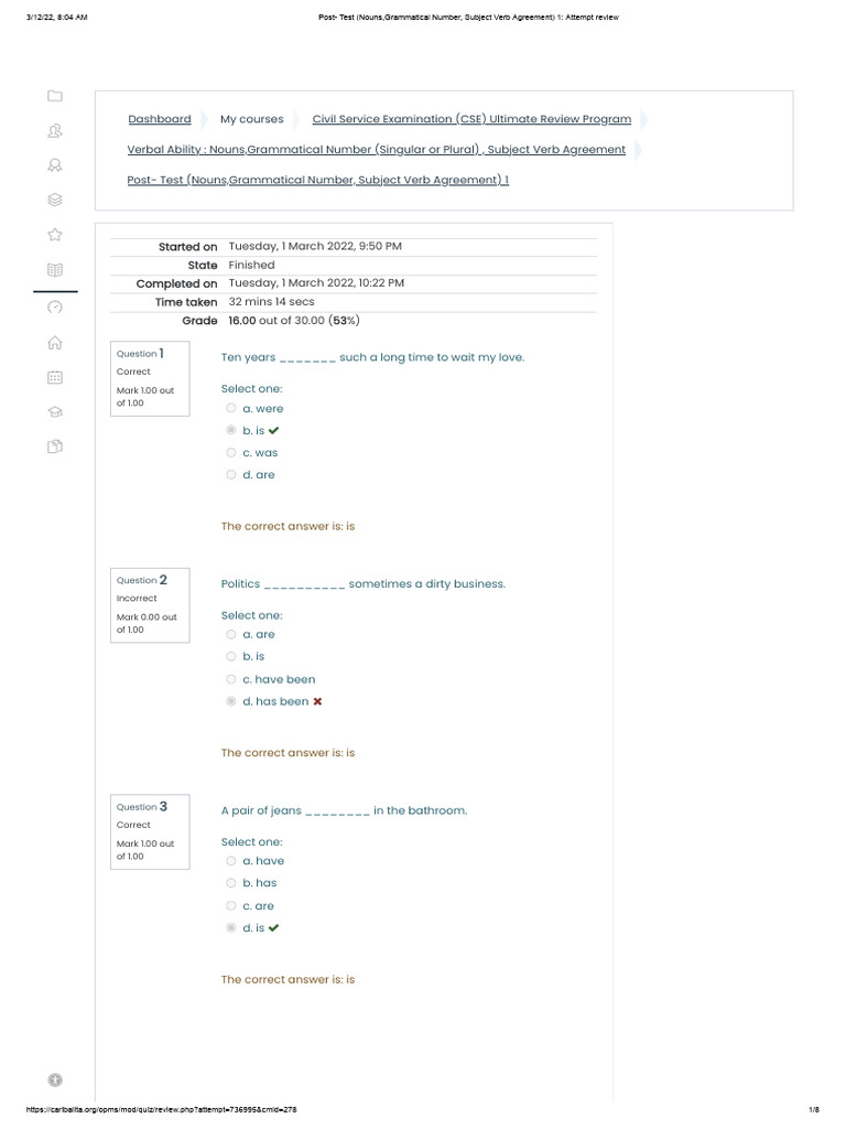 Post- Test (Nouns,Grammatical Number, Subject Verb Agreement) 1 ...