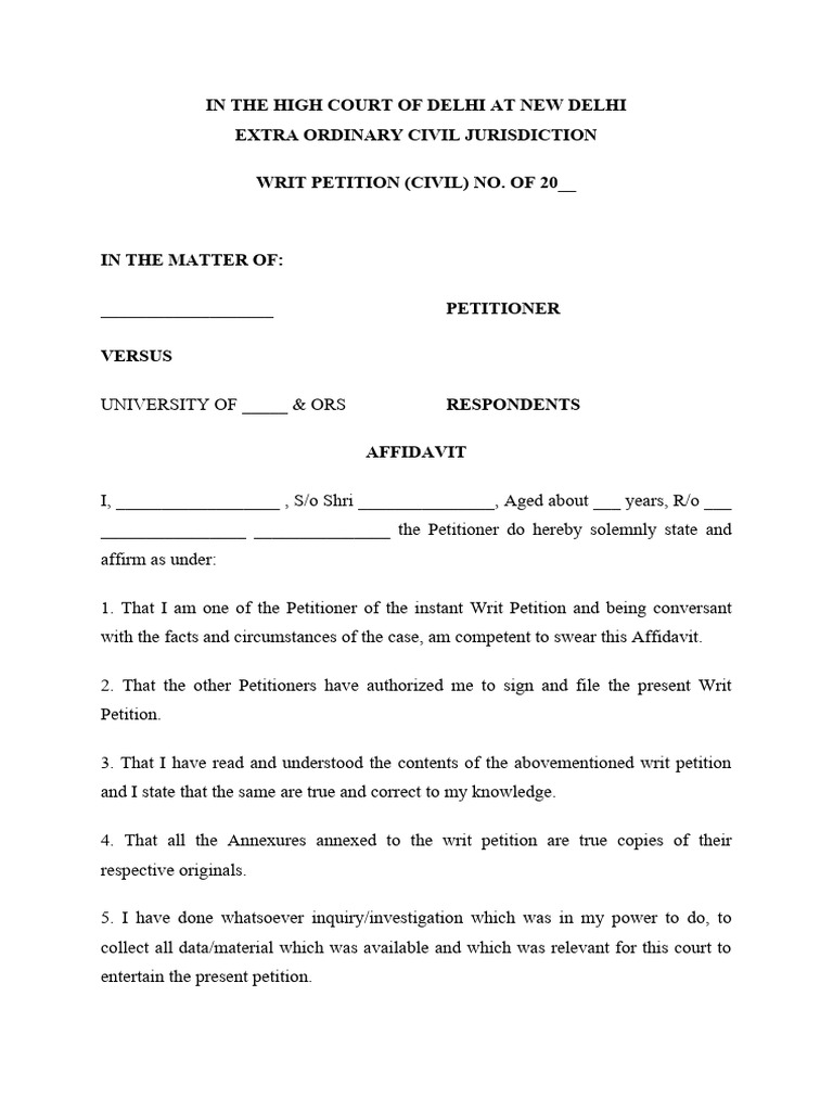Affidavit For Writ of Mandamus Under Article 226 of The Constitution To File in High Court | PDF ...