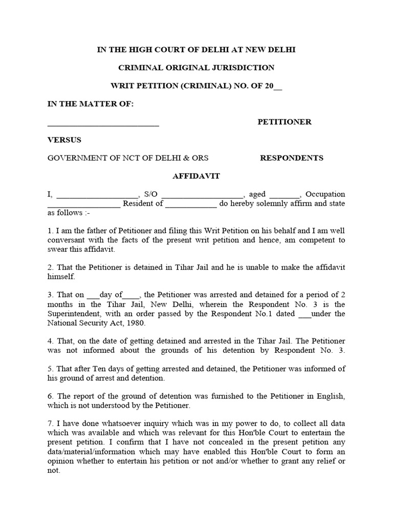 Affidavit For Writ Of Habeas Corpus Under Article 226 Of The Constitution To Be Filed In High 
