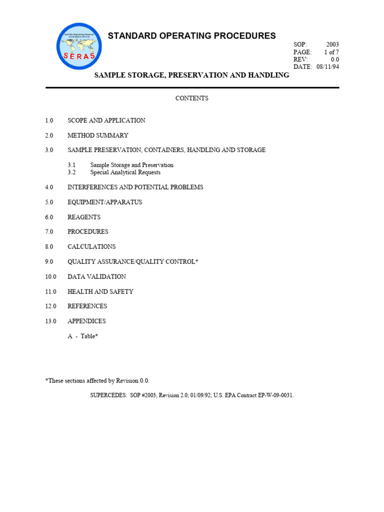 Standard Operating Procedures: Sample Storage, Preservation and ...