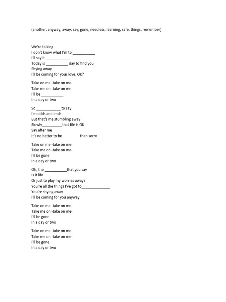 Letra de "Take On Me" en inglés y español | PDF | Hogar, jardinería y ...