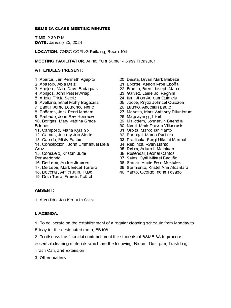 Bsme 3a Class Meeting Minutes | PDF | Hygiene