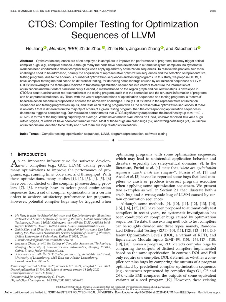 CTOS Compiler Testing For Optimization Sequences of LLVM | PDF ...