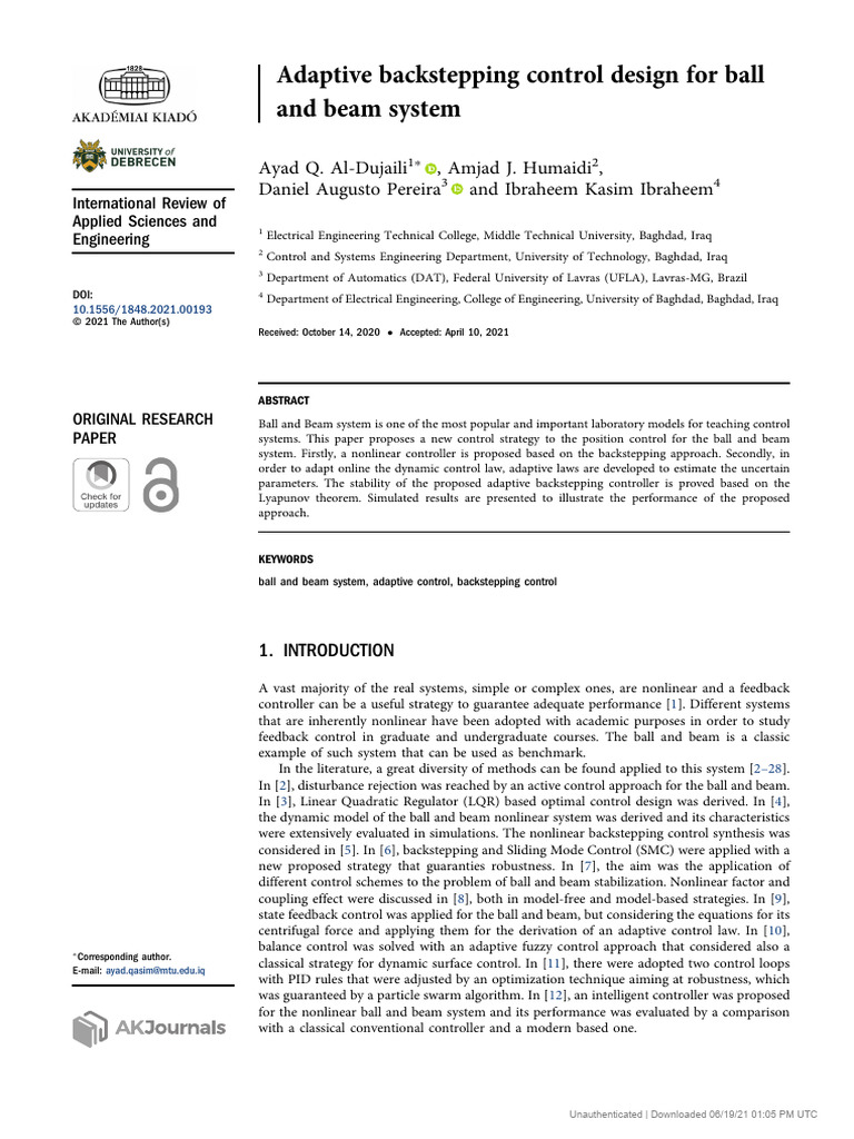 Adaptive Backstepping Control Design For Ball and | PDF | Control Theory | Applied Mathematics