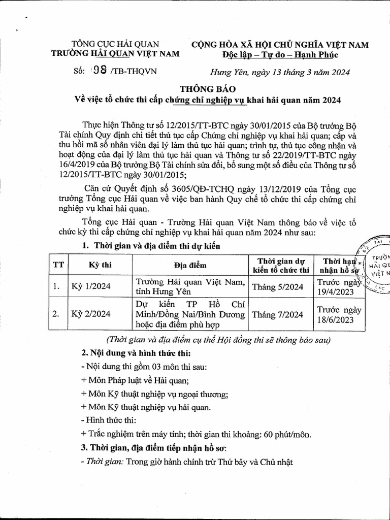 98 - 2024 - TB-THQVN TB VV To Chuc Thi Cap Chung Chi NVKHQ Nam 2024 | PDF