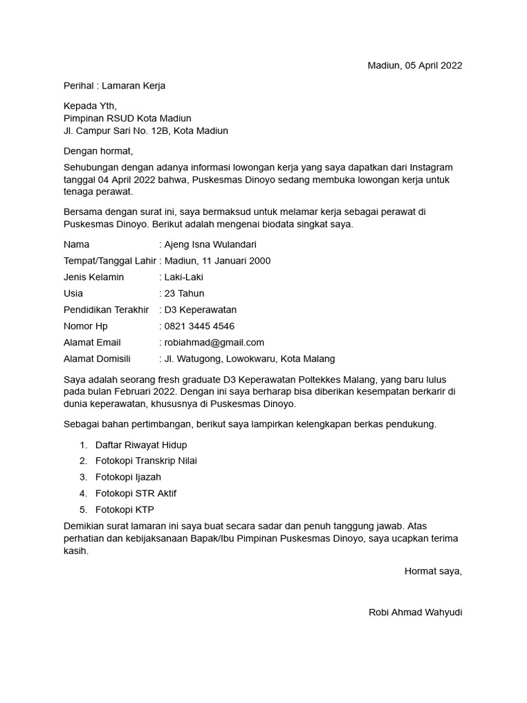 Contoh Surat Lamaran Kerja Perawat di Puskesmas | PDF