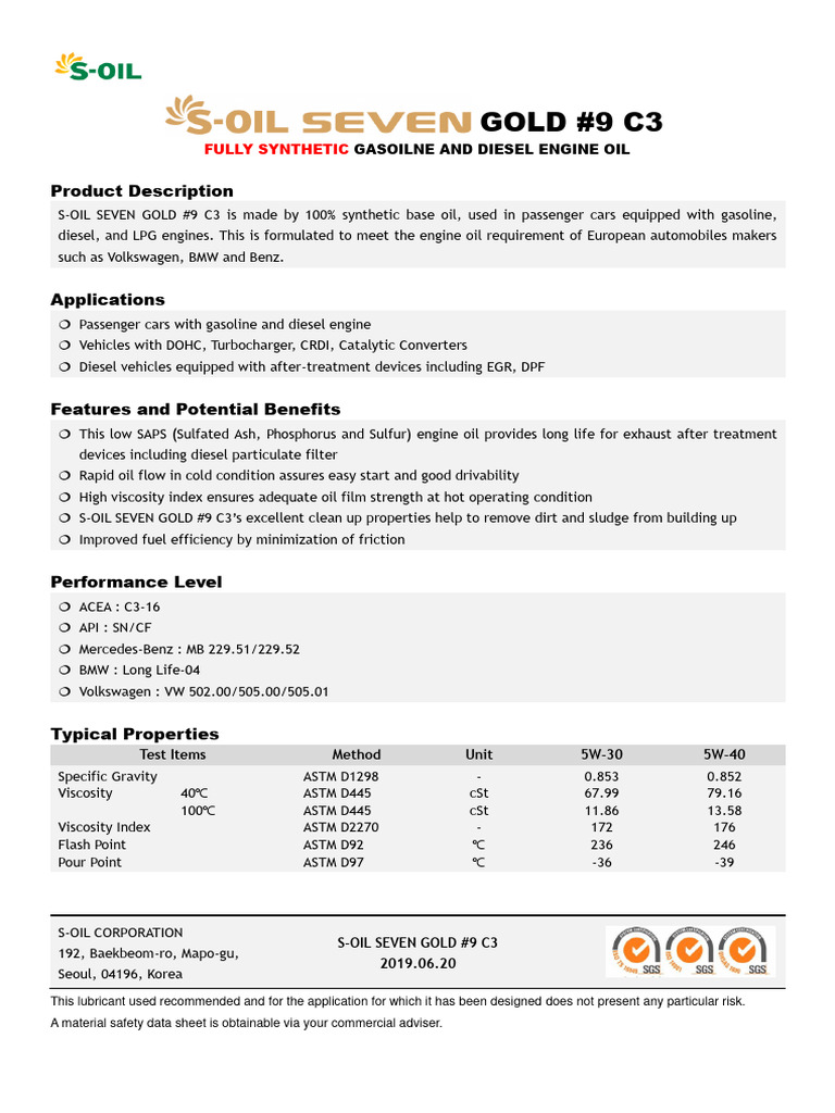 S Oil+7+Gold+#9+c3+ Tds | PDF | Motor Oil | Engines