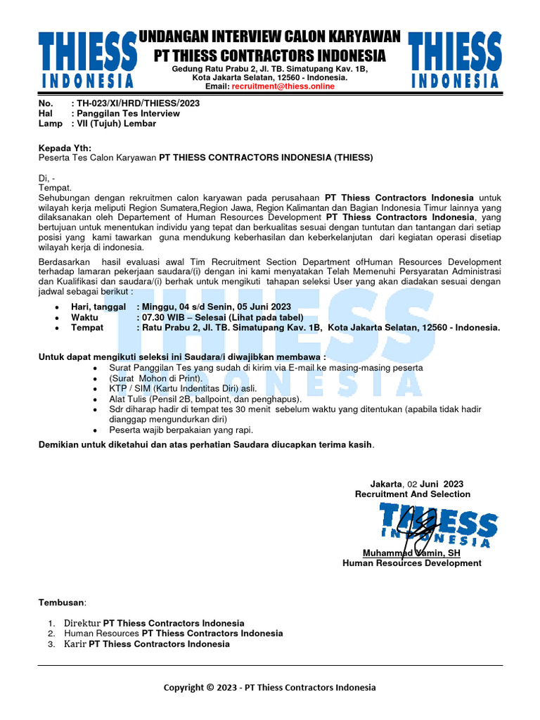 Undangan Interview PT Thiess Contractors Indonesia - Jakarta | PDF