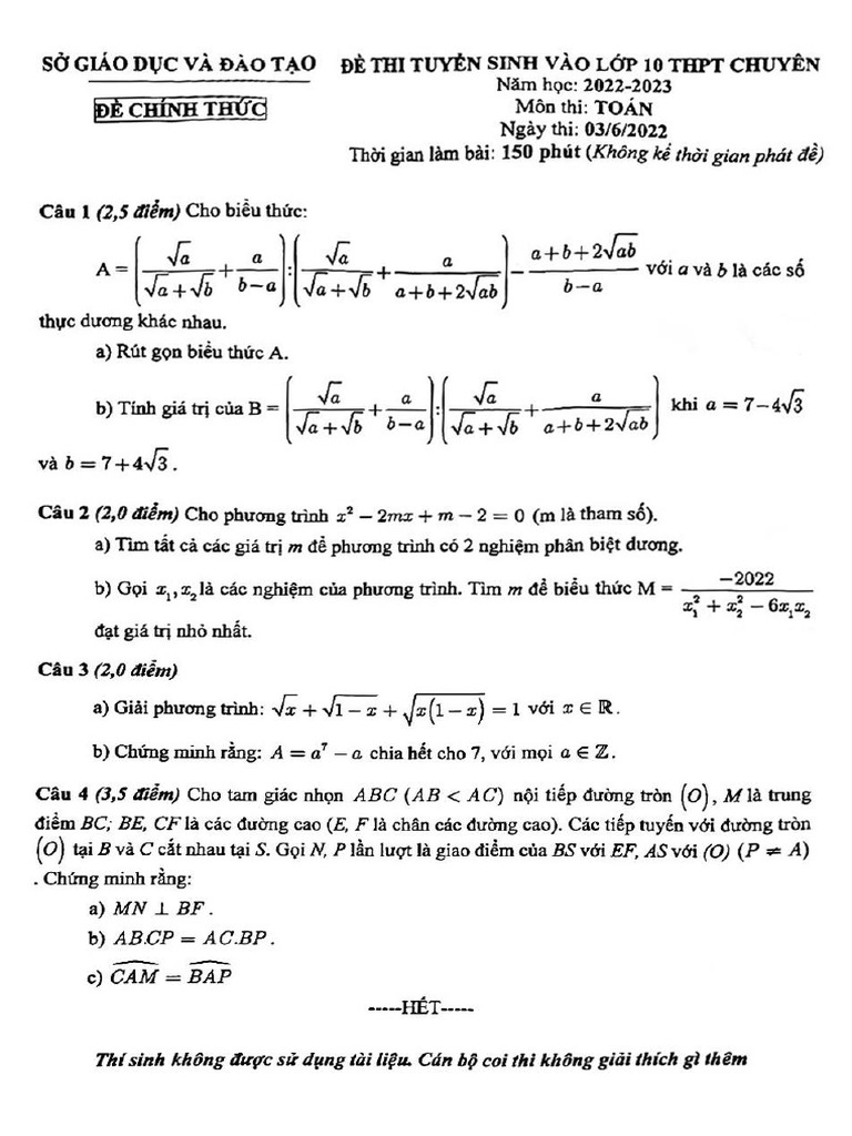 De Tuyen Sinh Vao Lop 10 Chuyen Mon Toan Nam 2022 2023 So GDDT Binh Duong | PDF