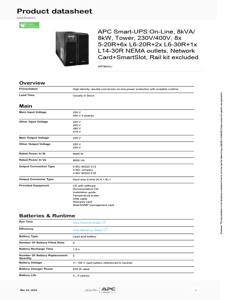 APC SRT8KXLI UPS Datasheet | PDF | Electrical Engineering | Electronics