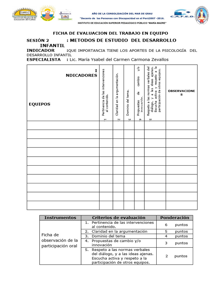 Modelo de Ficha de Evaluación Grupal | PDF
