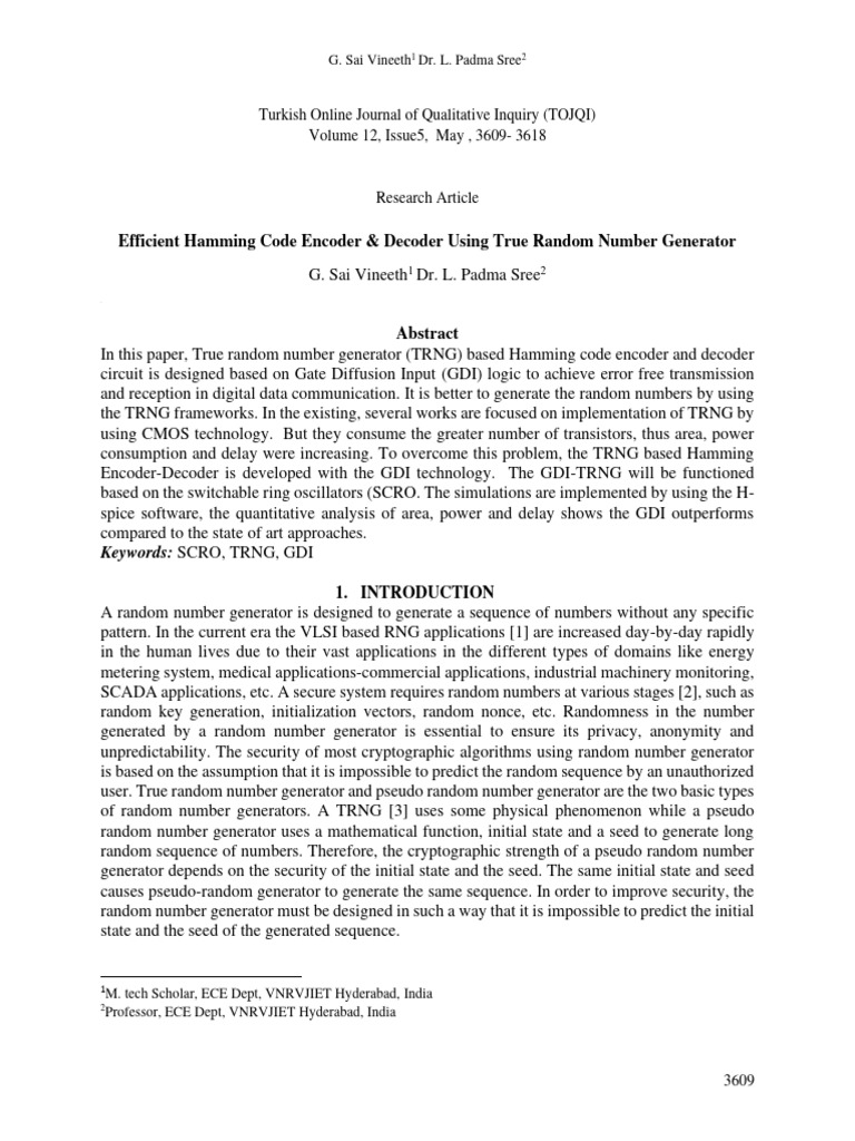 Efficient Hamming Code Encoder & Decoder Using True Random Number Generator | Download Free PDF ...