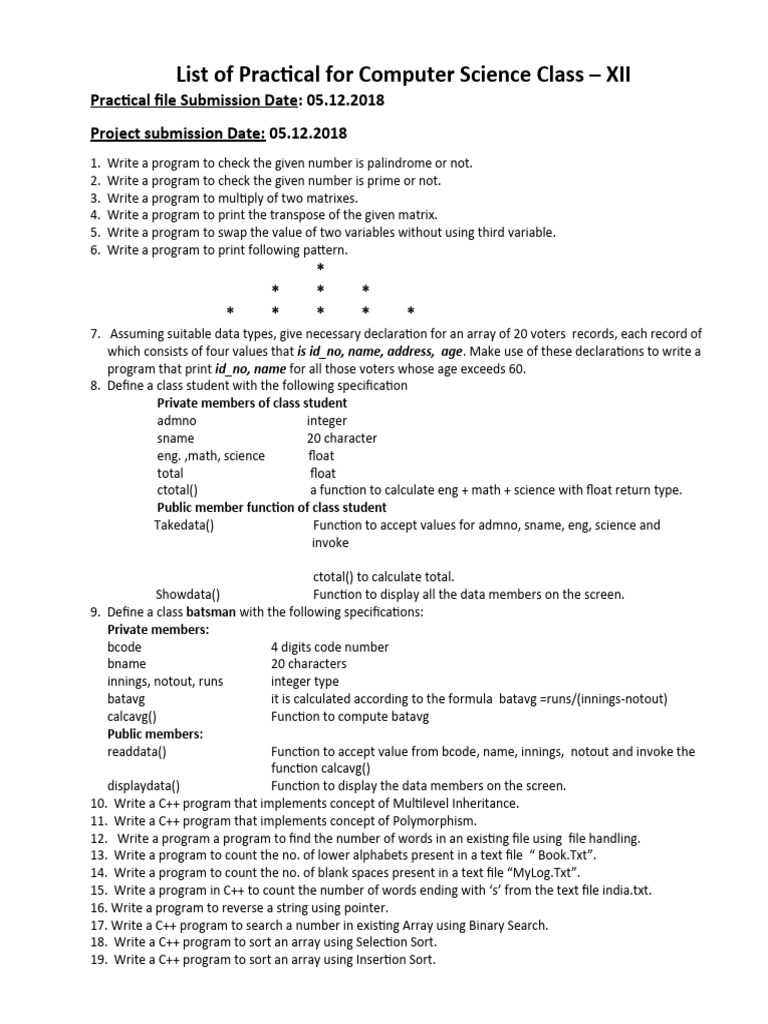 List of Practical For Computer Science XII (2018-19) | PDF | Matrix ... List of Practical For Computer Science XII (2018-19) | PDF | Matrix ...