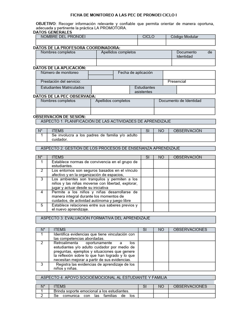 Ficha de Monitoreo A Pec Ciclo I | PDF | Aprendizaje | Evaluación