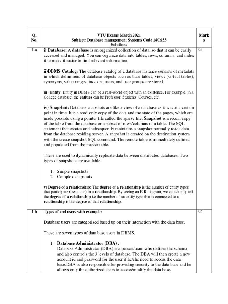 VTU DBMS Exam Solutions 2021 | PDF | Databases | Database Transaction