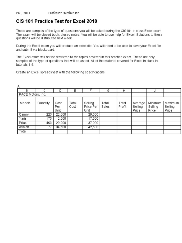 CIS 101 Excel Practice Test Guide | PDF | Microsoft Excel | Spreadsheet