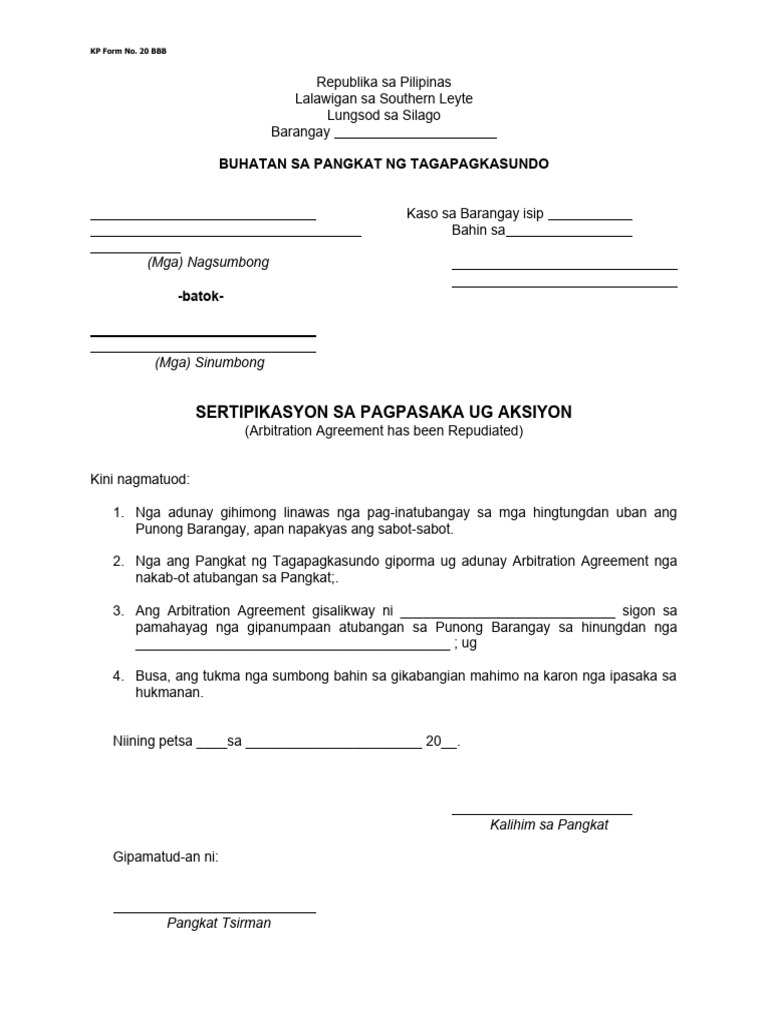 KP Form 20bbb - CERTIFICATE TO FILE ACTION (Arbitration by Pangkat is ...