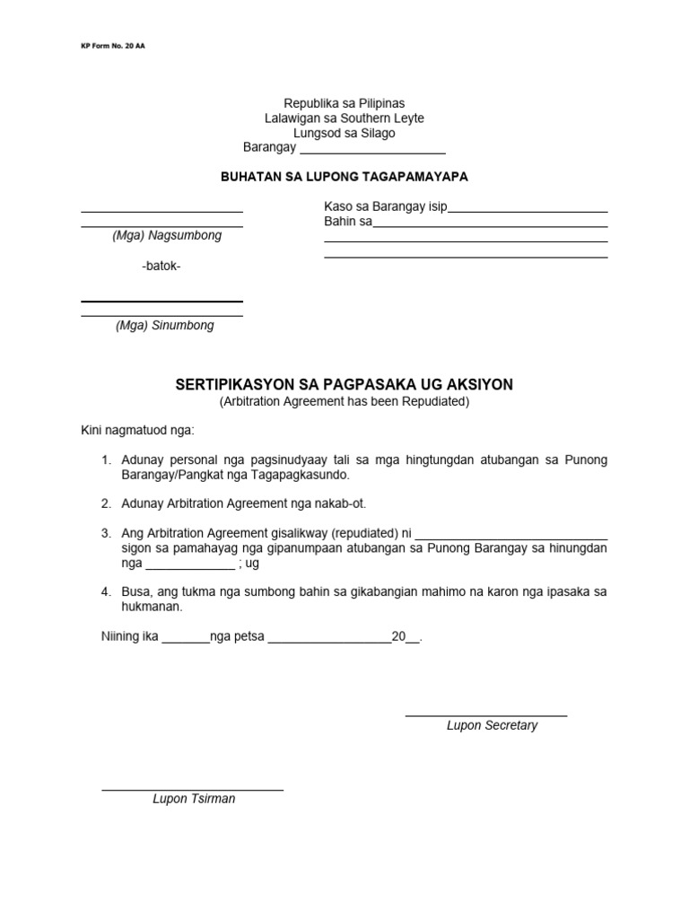 KP Form 20aa - CERTIFICATE TO FILE ACTION (Arbitration by Lupon Is ...