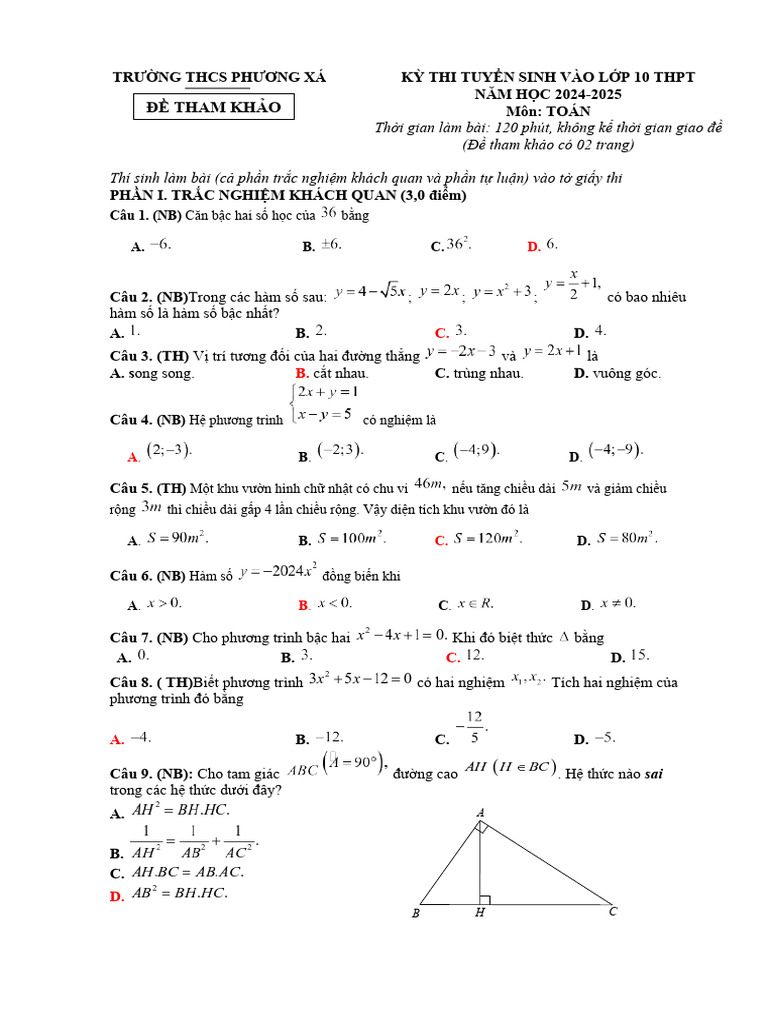 Đè Tham KH o Thi Vào 10 - THCS Phương Xá | PDF