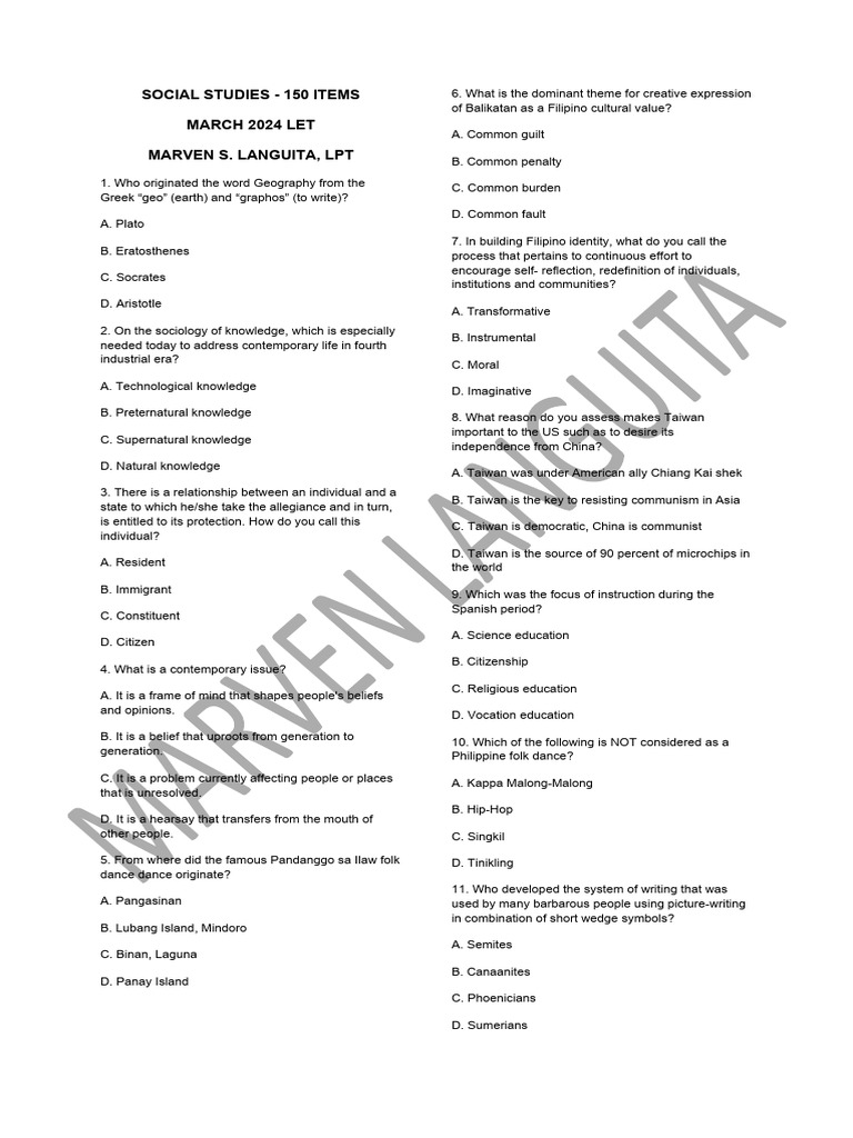 Soc Sci MARCH 2024 LET | PDF | Philippines | Knowledge